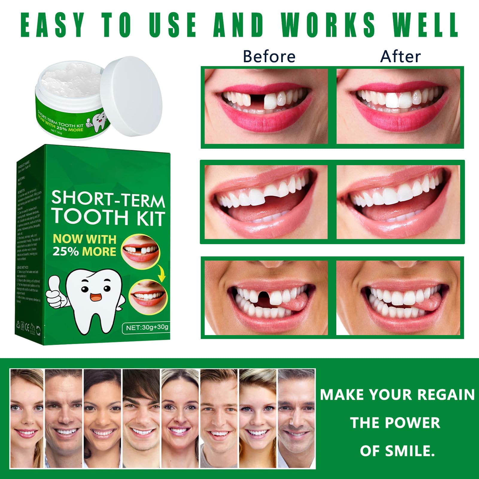 Moldable False Teeth, Tooth Replacement Kit,Temporary Teeth Repair Kit,Tooth Repair Kit for Snap On Instant and Confident Smile,with Mouth Mirror, 3 Pcs Differernt Dental Probe