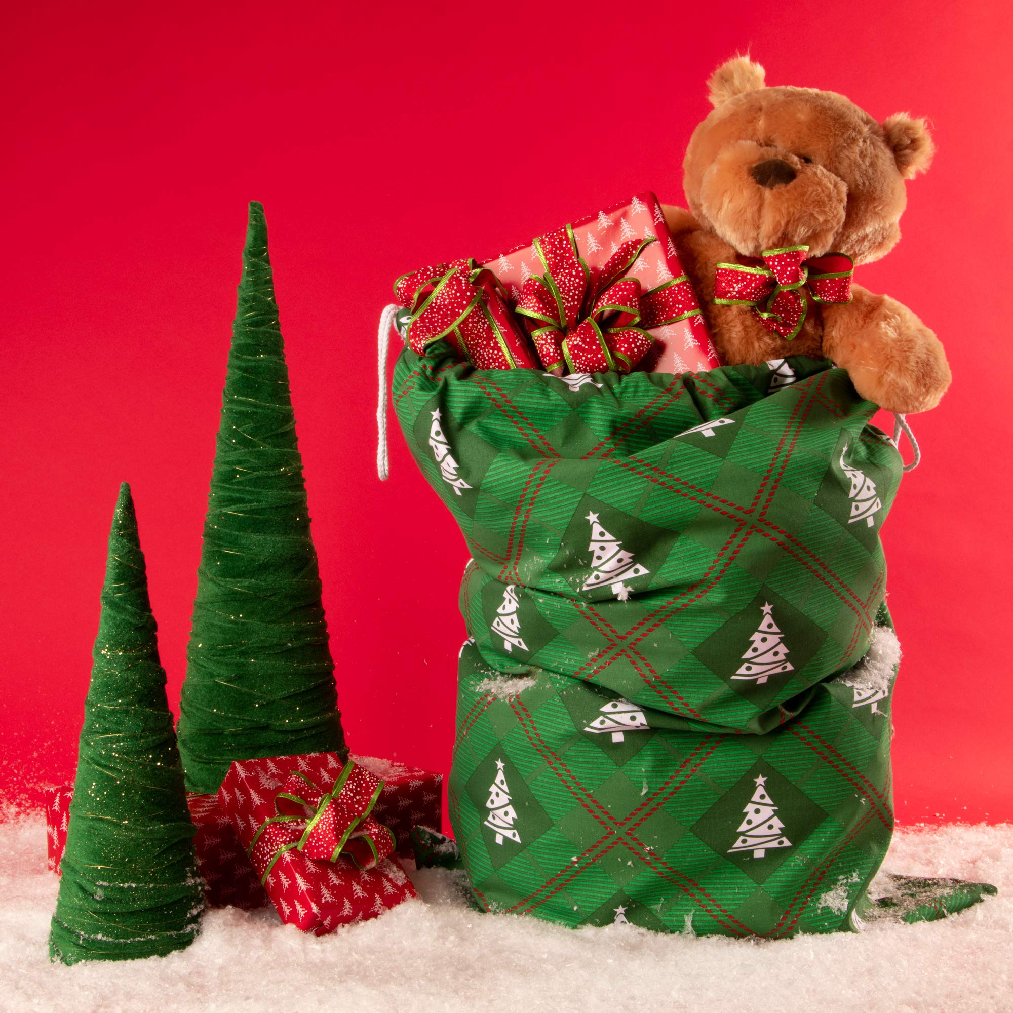 Pudgy Pedro's Party Supplies - Christmas Canvas Gift Bags - Red Peppermint Candy Green Argyle - XX-Large Fabric 16.5" x 13.5" Present Stocking - 2 ct