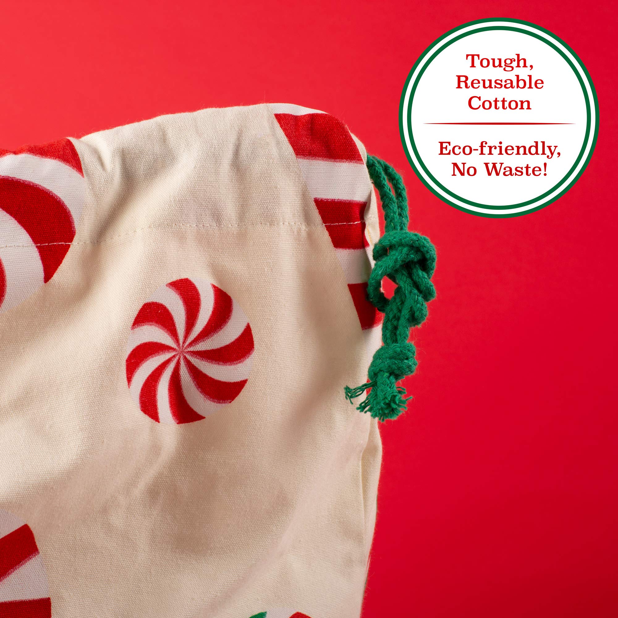 Pudgy Pedro's Party Supplies - Christmas Canvas Gift Bags - Red Peppermint Candy Green Argyle - XX-Large Fabric 16.5" x 13.5" Present Stocking - 2 ct