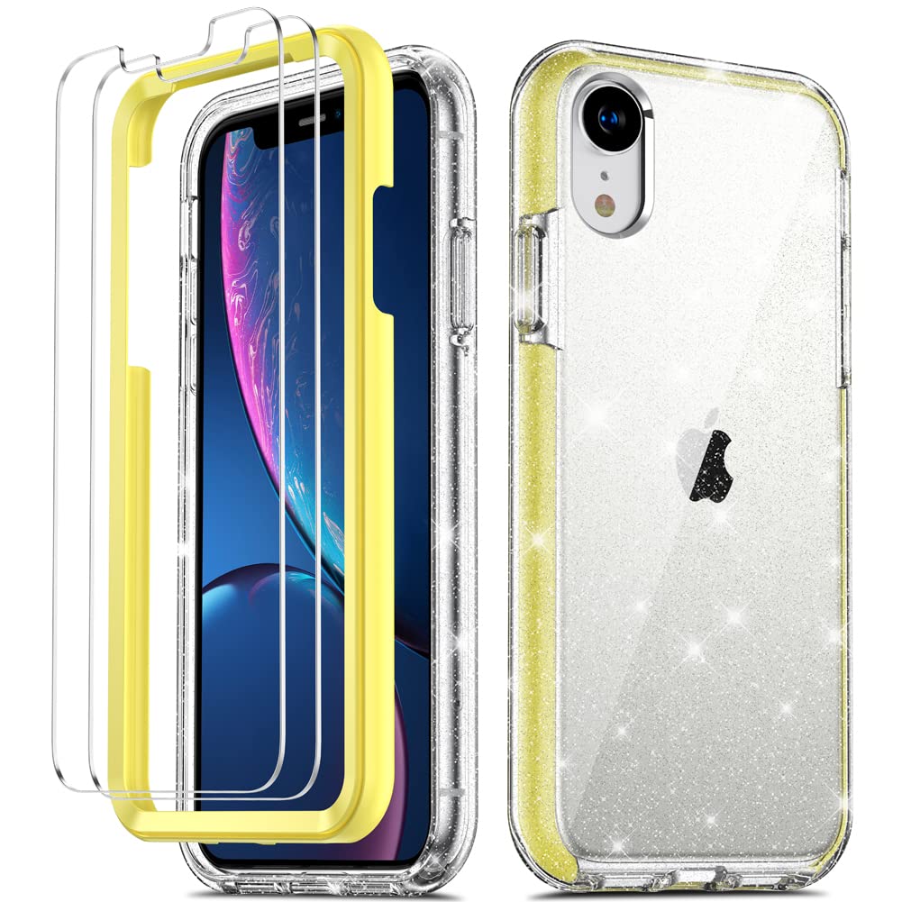 COOLQO Compatible for iPhone XR Case, with [2 x Tempered Glass Screen Protector] Clear Glitter Sparkle 360 Full Body Coverage Hard PC+Soft Silicone 3in1 Shockproof Protective Phone Cover Yellow