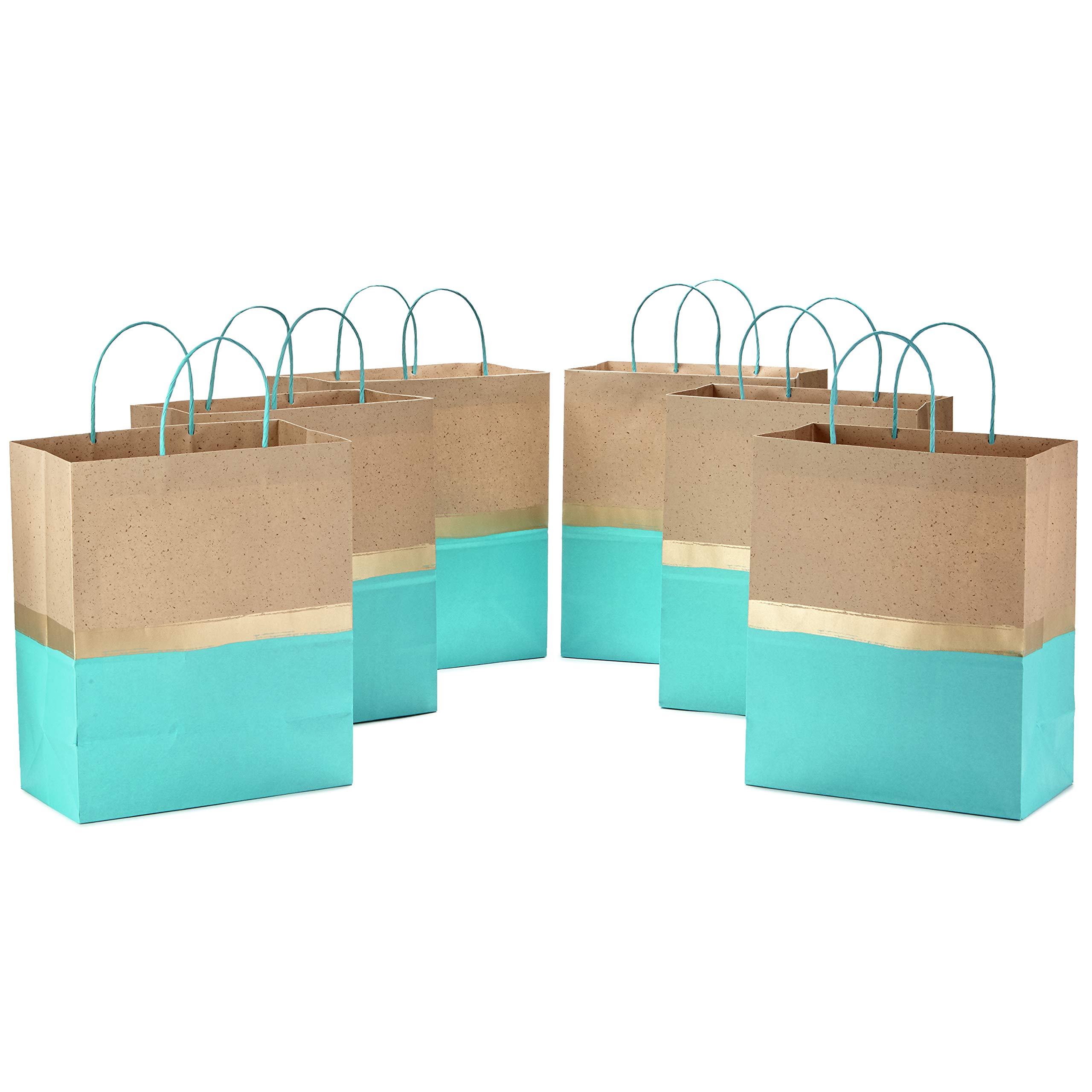 Hallmark 13" Large Paper Gift Bags (6 Bags: Turquoise & Kraft with Gold) for Birthdays, Easter, Weddings, Mother's Day, Baby Showers, Bridal Showers or Any Occasion
