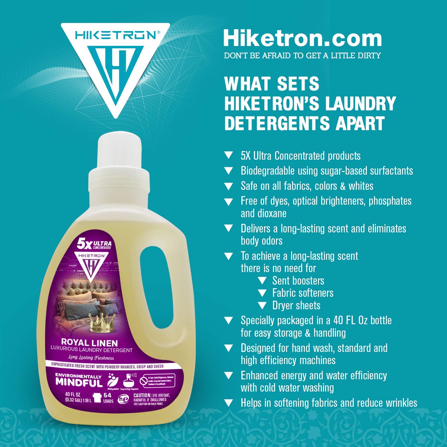 Hiketron Royal Linen Liquid Laundry Detergent, 5x Ultra Concentrated, Tough Stains Remover, Long Lasting Scent (40 Fl Oz, Pack of 1)