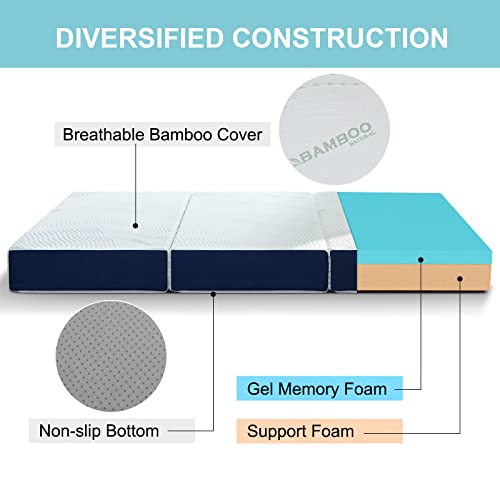 IYEE NATURE Folding Mattress, 4 inch Tri-Fold Memory Foam Mattress, Foldable Mattress Topper with Bamboo Cover for Camping, Guest - Twin Size, 75" x 38" x 4"