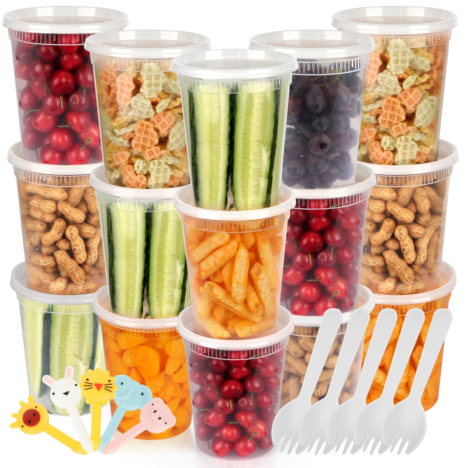 [50 Pack,3 Sizes] Food Storage Containers with Lids, 50 Combo Pack 8oz, 16oz, 32oz Airtight Deli Food Containers w 10 Spoons, BPA-Free Leakproof Takeout Meal Prep Dishwasher, Microwave, Freezer Safe