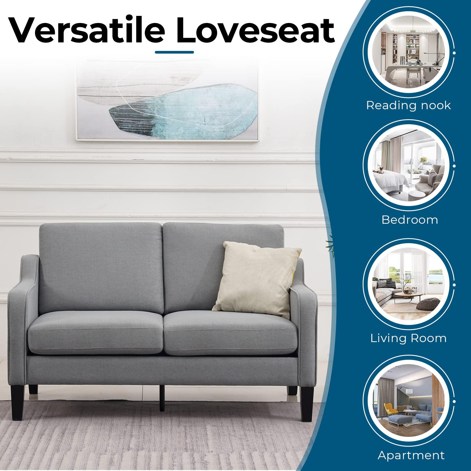 VINGLI Loveseat 53" Small Couch Loveseat Sofas for Living Room Mid Century Modern Sofa Couch Light Grey Love Seat Couches with Scooped Arms for Small Spaces, Bedroom, Apartment, Studio