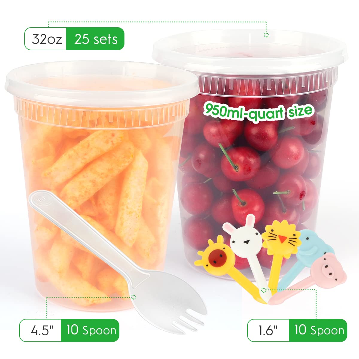 [50 Pack,3 Sizes] Food Storage Containers with Lids, 50 Combo Pack 8oz, 16oz, 32oz Airtight Deli Food Containers w 10 Spoons, BPA-Free Leakproof Takeout Meal Prep Dishwasher, Microwave, Freezer Safe