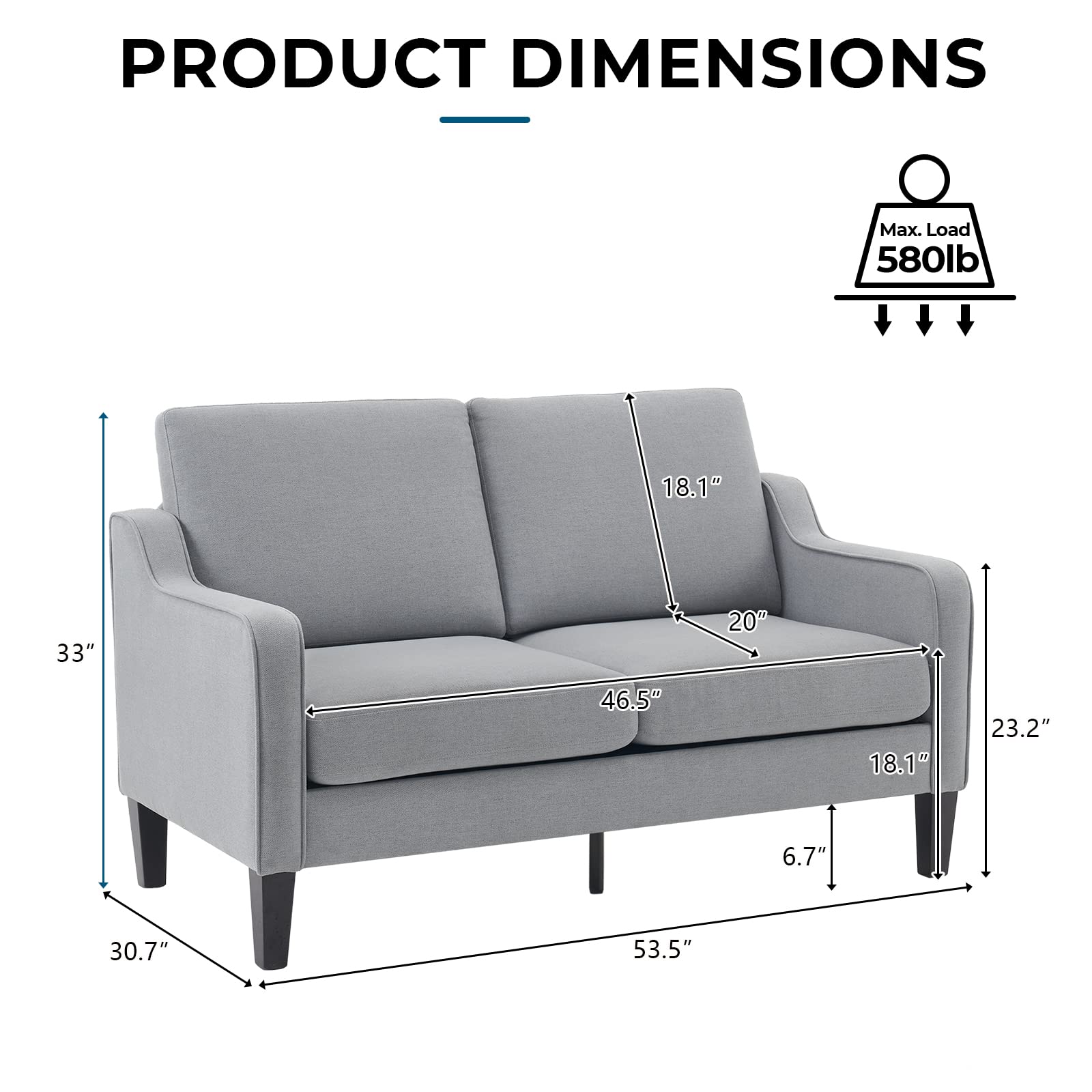 VINGLI Loveseat 53" Small Couch Loveseat Sofas for Living Room Mid Century Modern Sofa Couch Light Grey Love Seat Couches with Scooped Arms for Small Spaces, Bedroom, Apartment, Studio