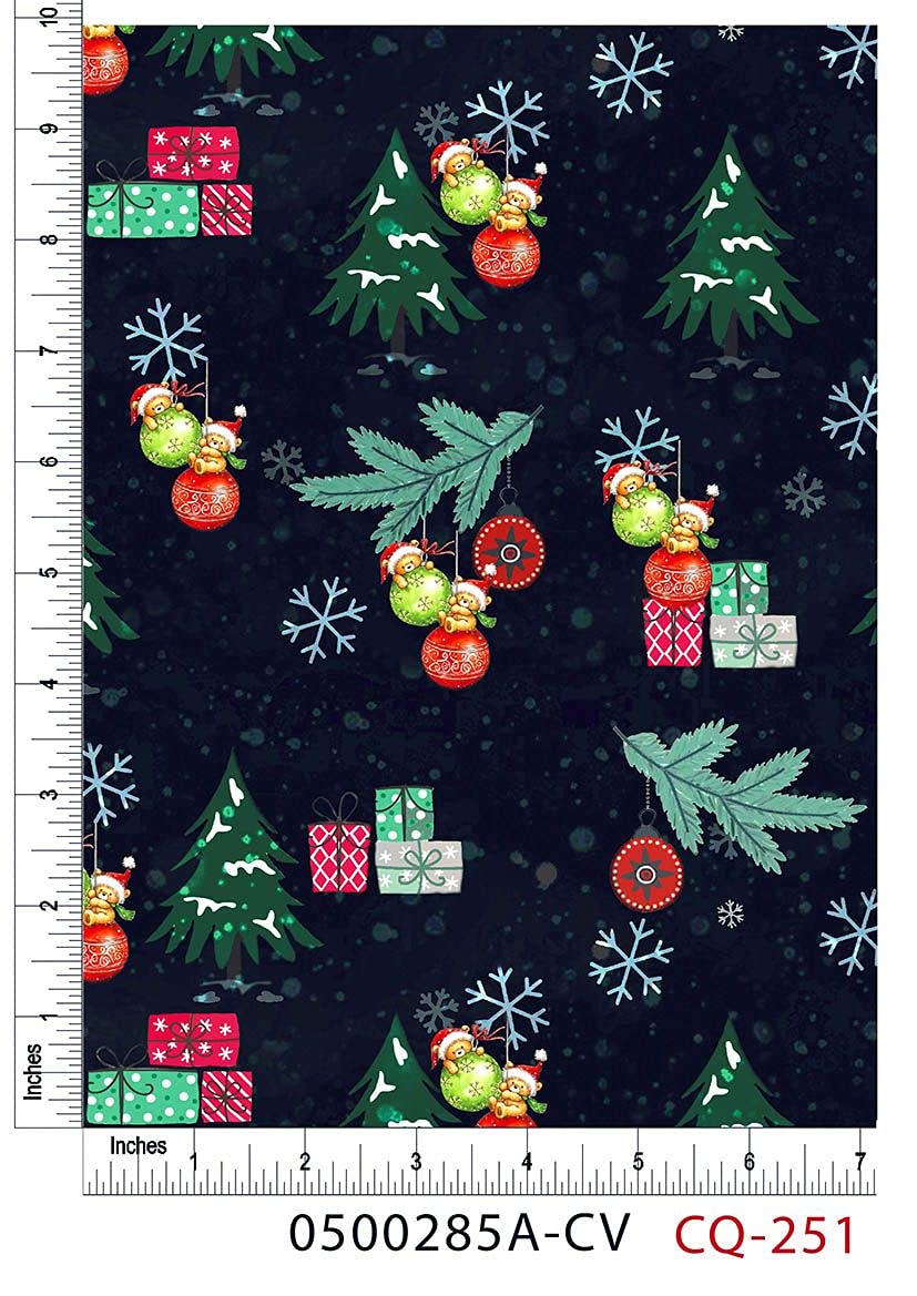 Teddy Bear Ornaments Printed on 100% Cotton Quilting Fabric by The Yard (Black, Green, Red)