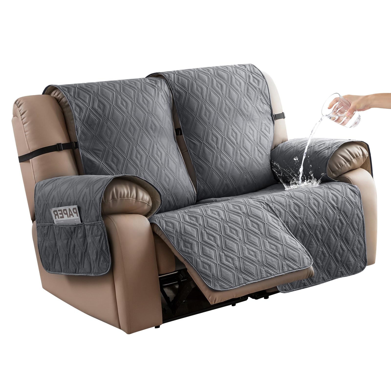 Genina Loveseat Recliner Cover Non-Slip, Sofa Cover for Reclining Couch 2 Seat, Loveseat Covers Double Recliner Furniture Protector Cover with Elastic Straps for Pets (Dark Gray, Recliner Loveseat)