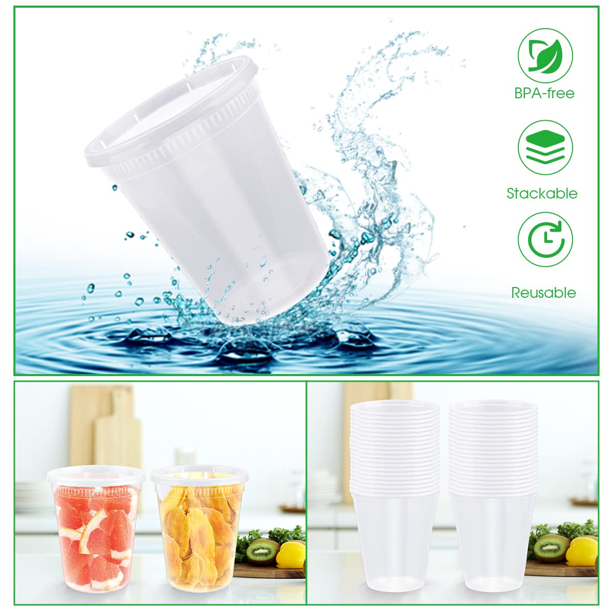 [50 Pack,3 Sizes] Food Storage Containers with Lids, 50 Combo Pack 8oz, 16oz, 32oz Airtight Deli Food Containers w 10 Spoons, BPA-Free Leakproof Takeout Meal Prep Dishwasher, Microwave, Freezer Safe