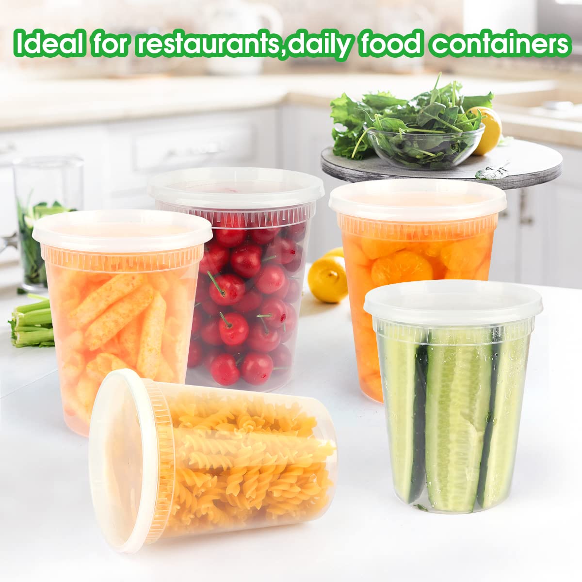 [50 Pack,3 Sizes] Food Storage Containers with Lids, 50 Combo Pack 8oz, 16oz, 32oz Airtight Deli Food Containers w 10 Spoons, BPA-Free Leakproof Takeout Meal Prep Dishwasher, Microwave, Freezer Safe