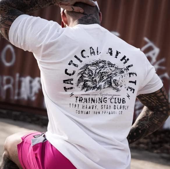 Combat Iron Men's Graphic Short Sleeve T-Shirt | Tactical Athlete Training Club Wolf Edition Mens Novelty Tee | White, X-Large
