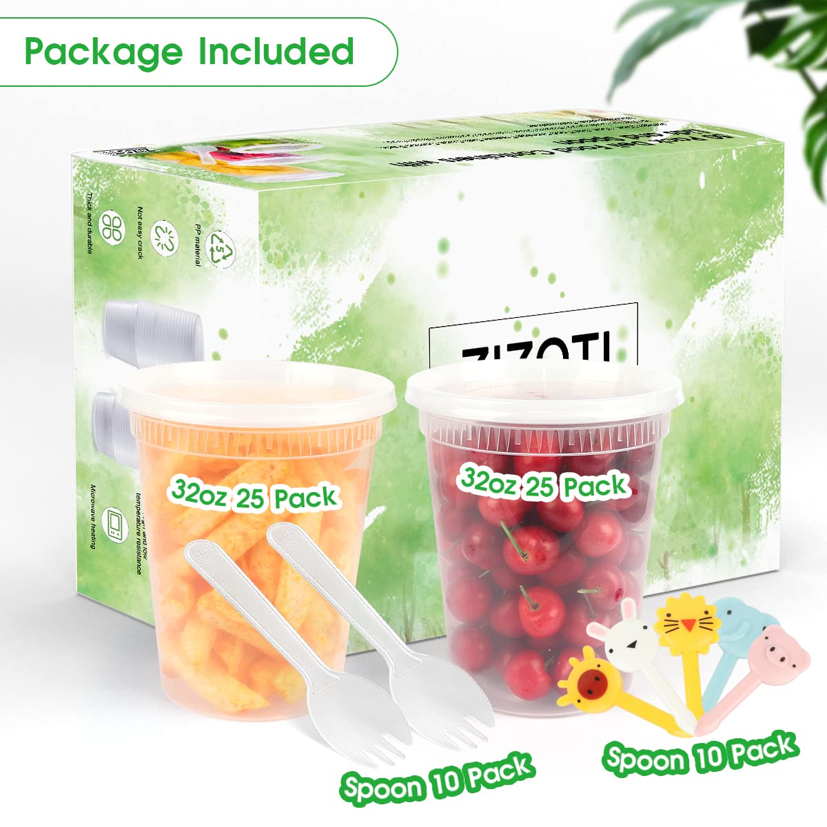 [50 Pack,3 Sizes] Food Storage Containers with Lids, 50 Combo Pack 8oz, 16oz, 32oz Airtight Deli Food Containers w 10 Spoons, BPA-Free Leakproof Takeout Meal Prep Dishwasher, Microwave, Freezer Safe