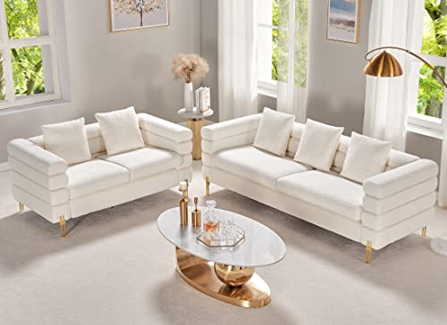 AMERLIFE Sofa, 2 Piece Sofa Set, Loveseat Set- Oversize Sofa Couch, Comfy Sofa for Living Room- Bouclé Deep Seat Sofa, White Sofa