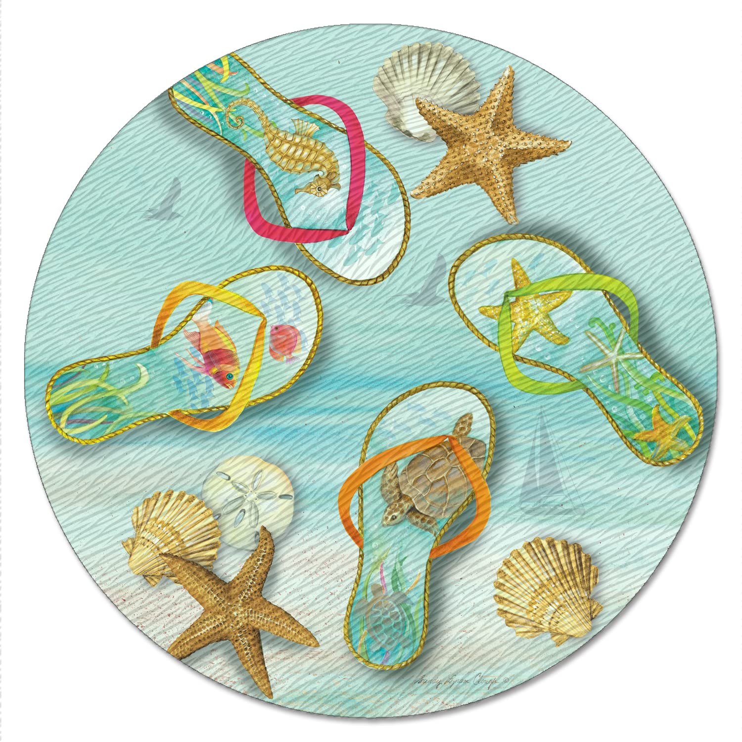 CounterArt Blue Sea Flip Flops 4mm Heat Tolerant Tempered Glass Lazy Susan Turntable 13" Diameter Cake Plate Condiment Caddy Pizza Server
