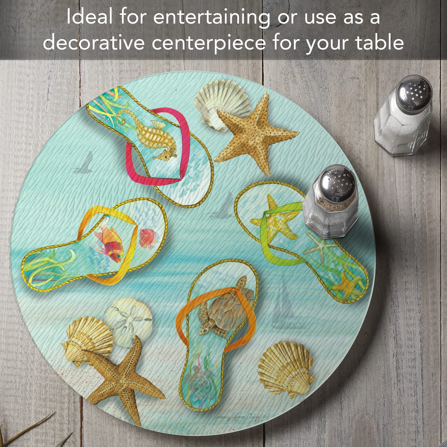 CounterArt Blue Sea Flip Flops 4mm Heat Tolerant Tempered Glass Lazy Susan Turntable 13" Diameter Cake Plate Condiment Caddy Pizza Server