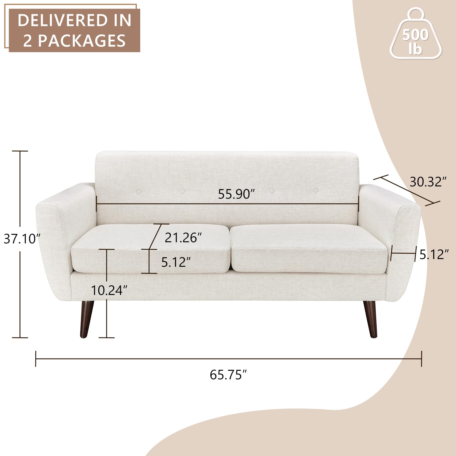 kinmars 65.75" W Loveseat Sofa, Button Tufted Upholstered Small Couch, Comfortable Small Sofa, 2 Seater Fabric Loveseat, Mid Century Modern Couch for Living Room, Bedroom, Dorm (Beige)