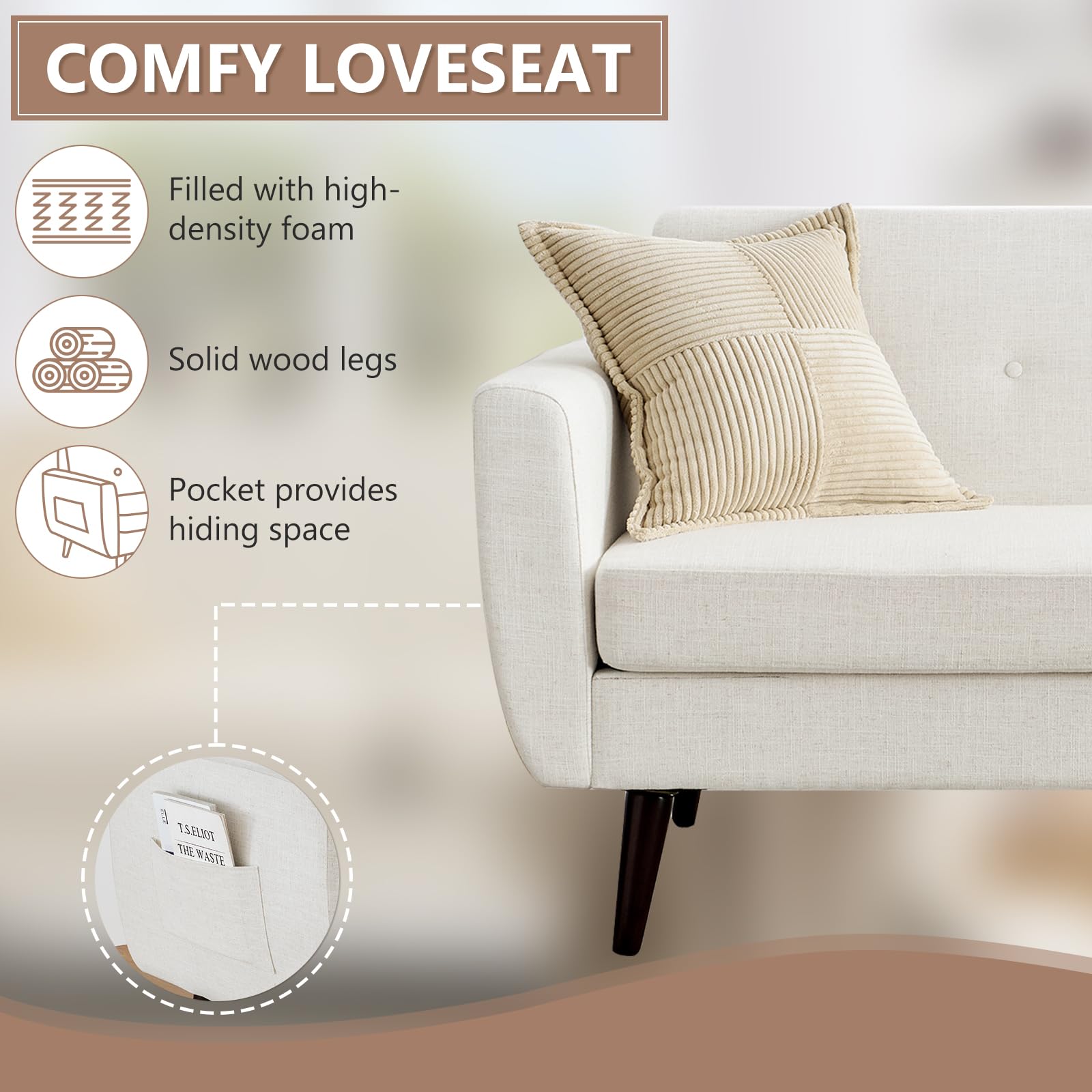 kinmars 65.75" W Loveseat Sofa, Button Tufted Upholstered Small Couch, Comfortable Small Sofa, 2 Seater Fabric Loveseat, Mid Century Modern Couch for Living Room, Bedroom, Dorm (Beige)