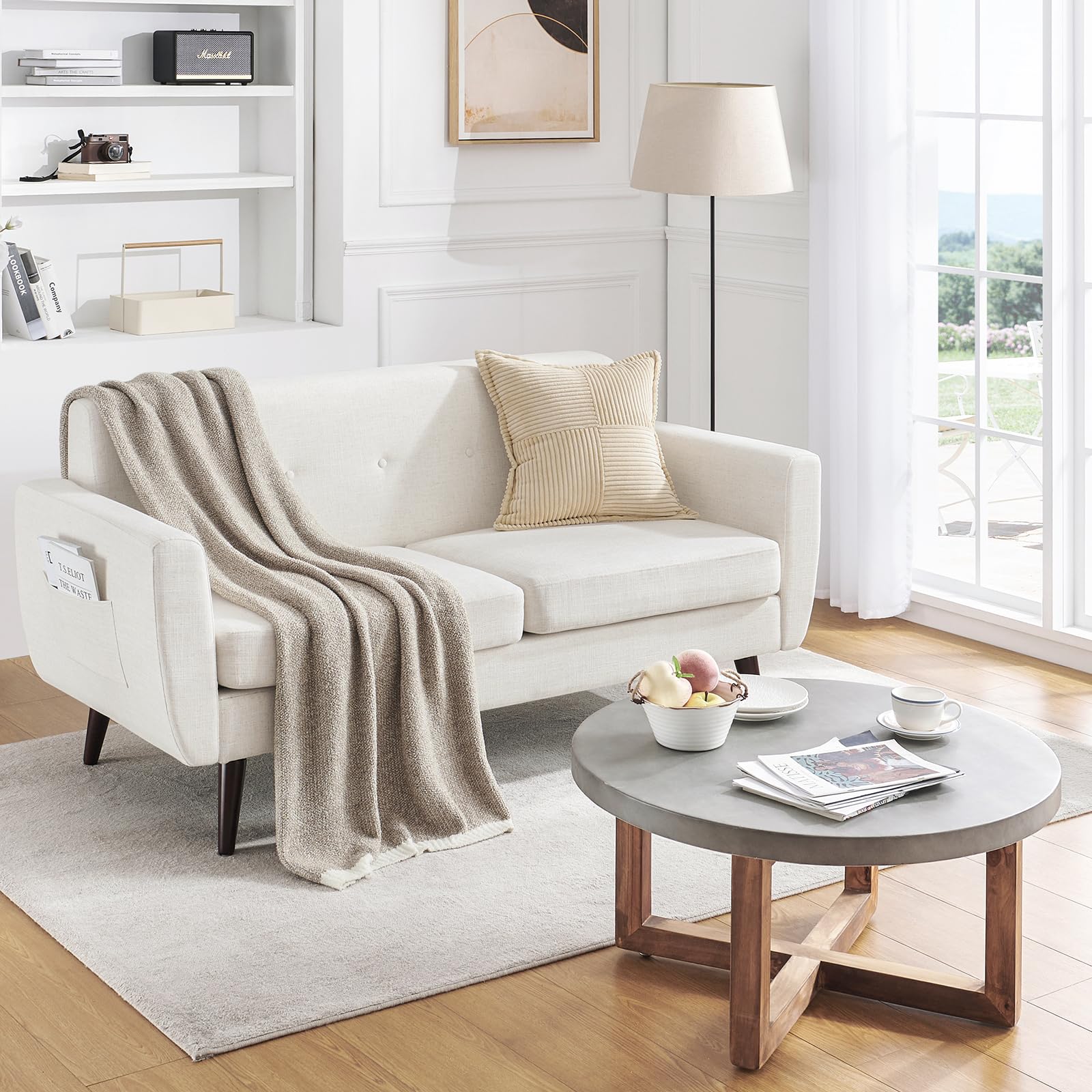 kinmars 65.75" W Loveseat Sofa, Button Tufted Upholstered Small Couch, Comfortable Small Sofa, 2 Seater Fabric Loveseat, Mid Century Modern Couch for Living Room, Bedroom, Dorm (Beige)