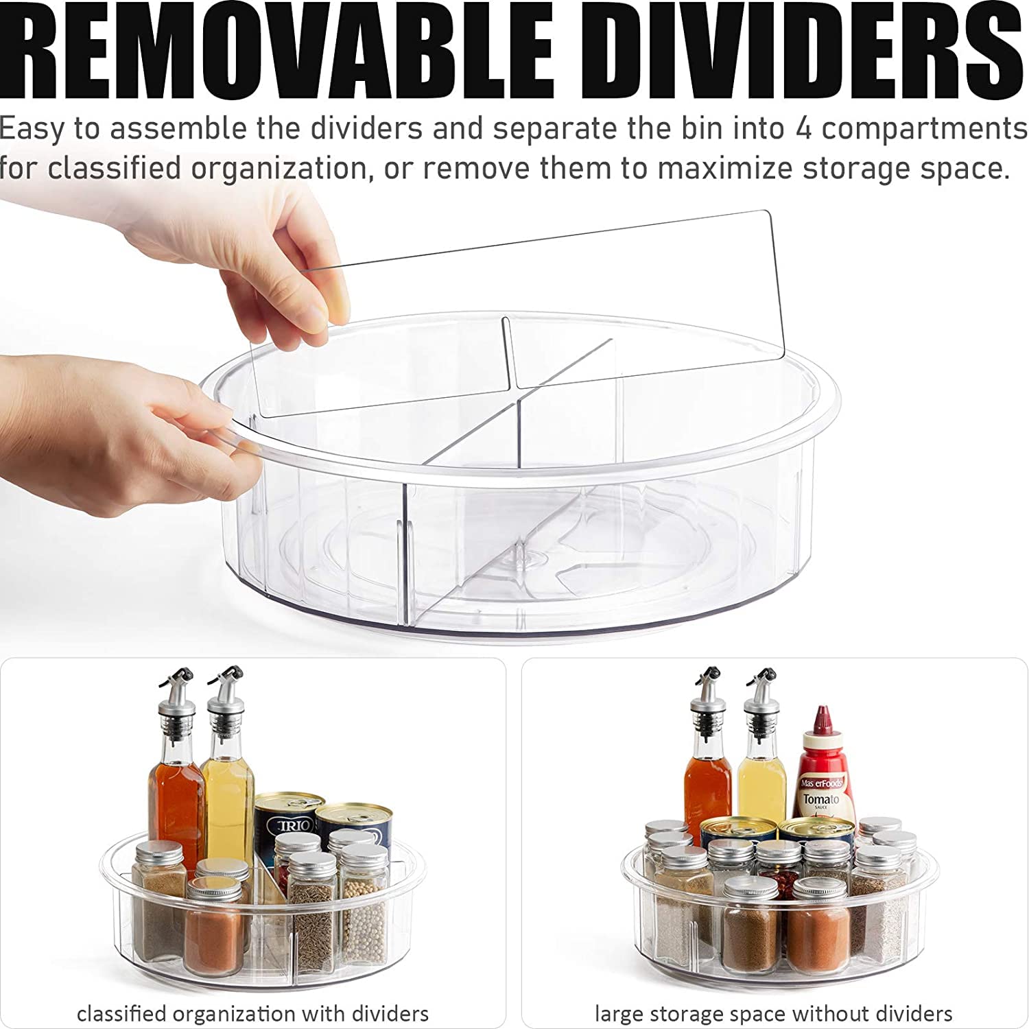 Greenco Lazy Susan Turntable, 12" Round Plastic Clear Storage Organizer with Dividers for Kitchen, Spice Rack, Cabinet, Pantry, Fridge, Freezer, Countertop