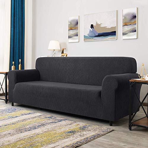 CHUN YI Stretch Loveseat Sofa Slipcover 1 Piece Couch Cover, 2 Seater Settee Coat Soft with Elastic Bottom, Checks Spandex Jacquard Fabric, Medium, Grey/Gray