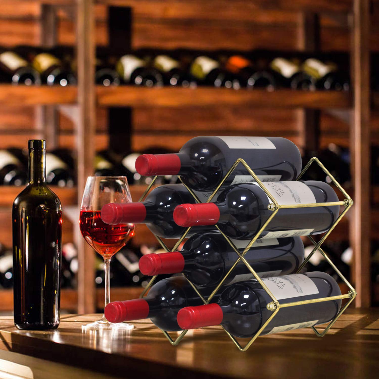 Yimerlen Tabletop Wine Rack, Geometric Countertop Wine Holder, Metal, Capacity - 6 Bottle (Gold)