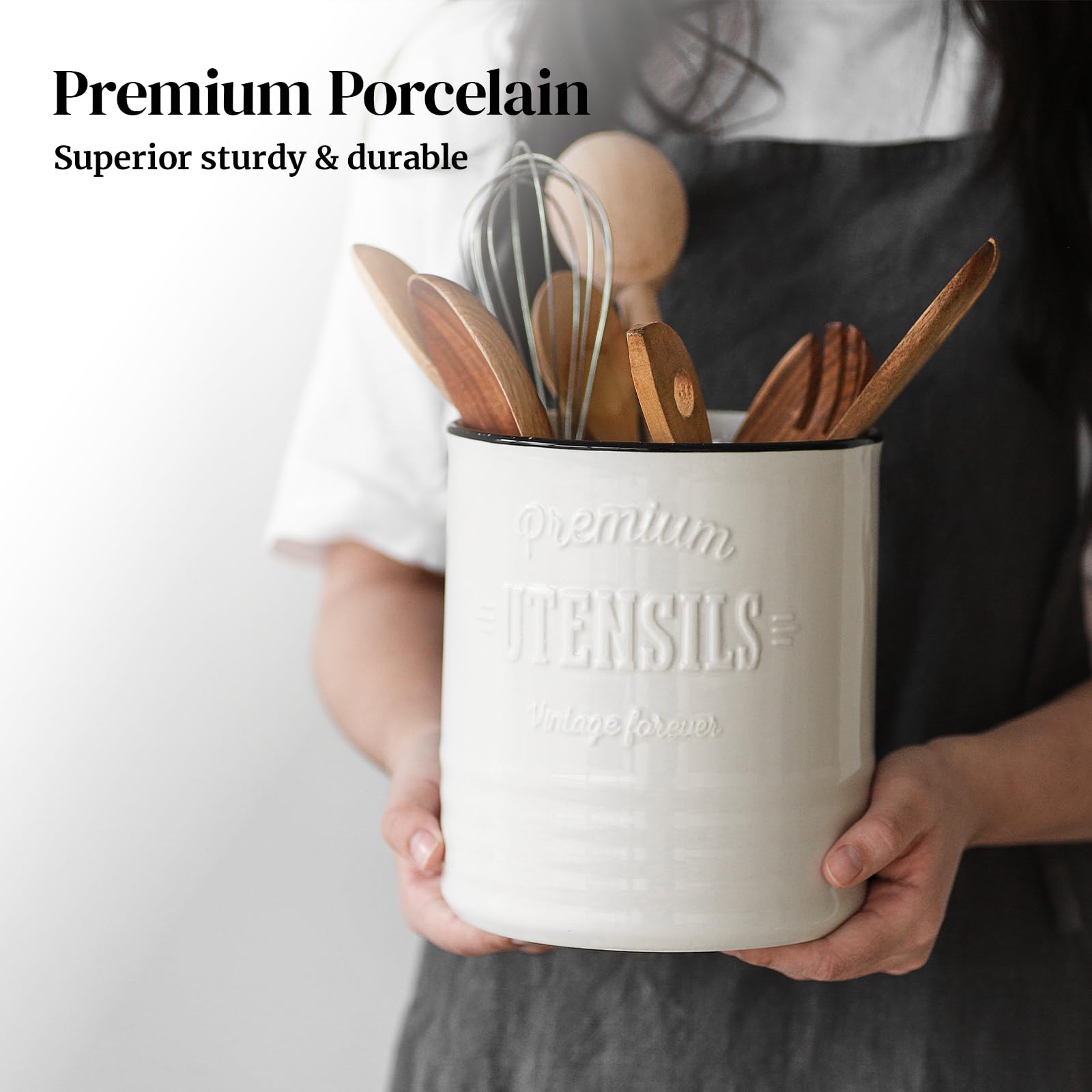DOWAN Kitchen Utensil Holder, 7.2″ Extra-Large Ceramic Stable Utensil Caddy, Rustic Cooking Utensil Crock for Farmhouse Kitchen Décor with Countertop-Protection Cork Bottom, Counter Utensil Organizer