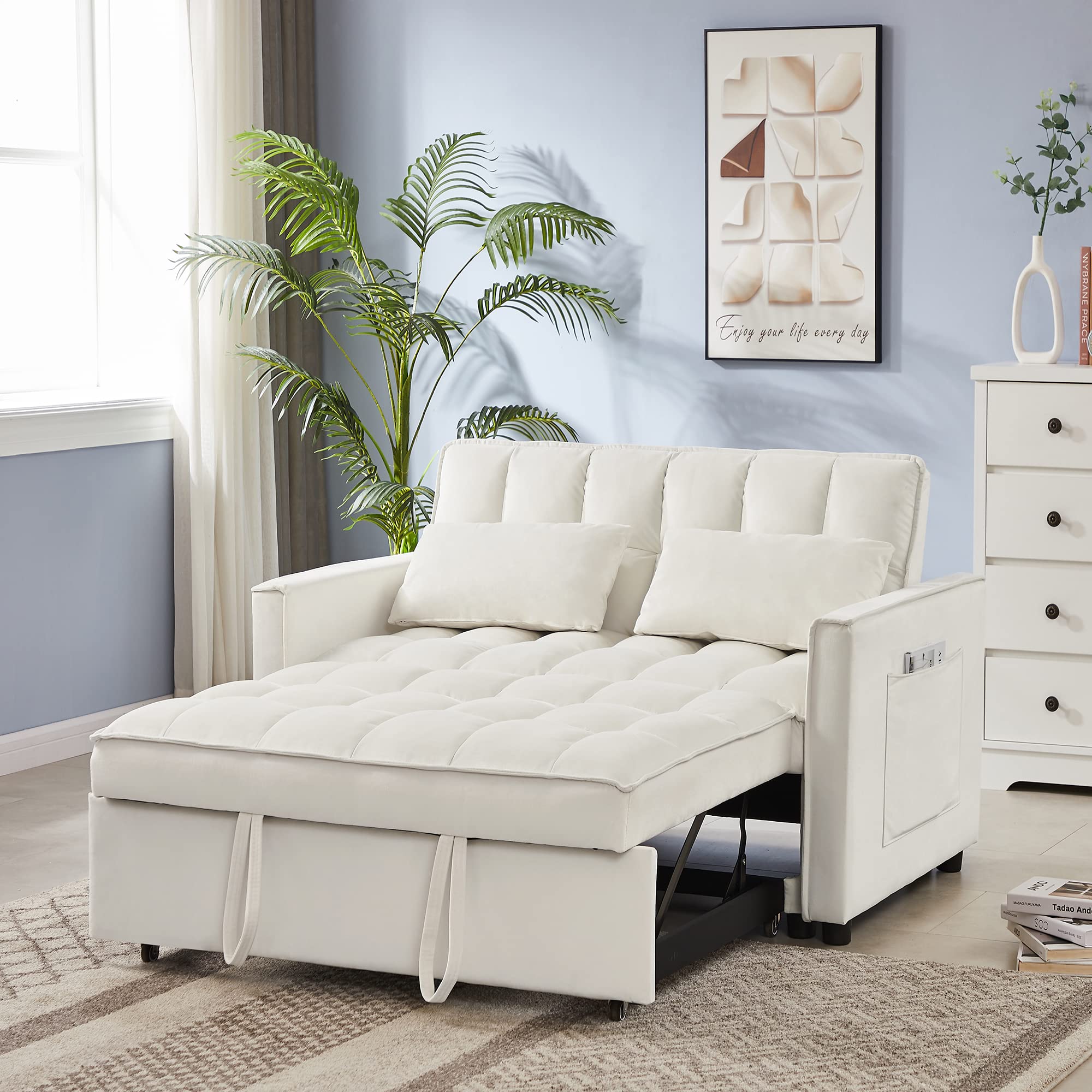 FANYE Modern Convertible Loveseat Sofa W/Pull Out Sleeper Couch Bed, 2 Seater Sofa & Couch W/Adjustable Backrest,Twin Size Velvet Tufted Daybed for Home Apartment Office Living Room