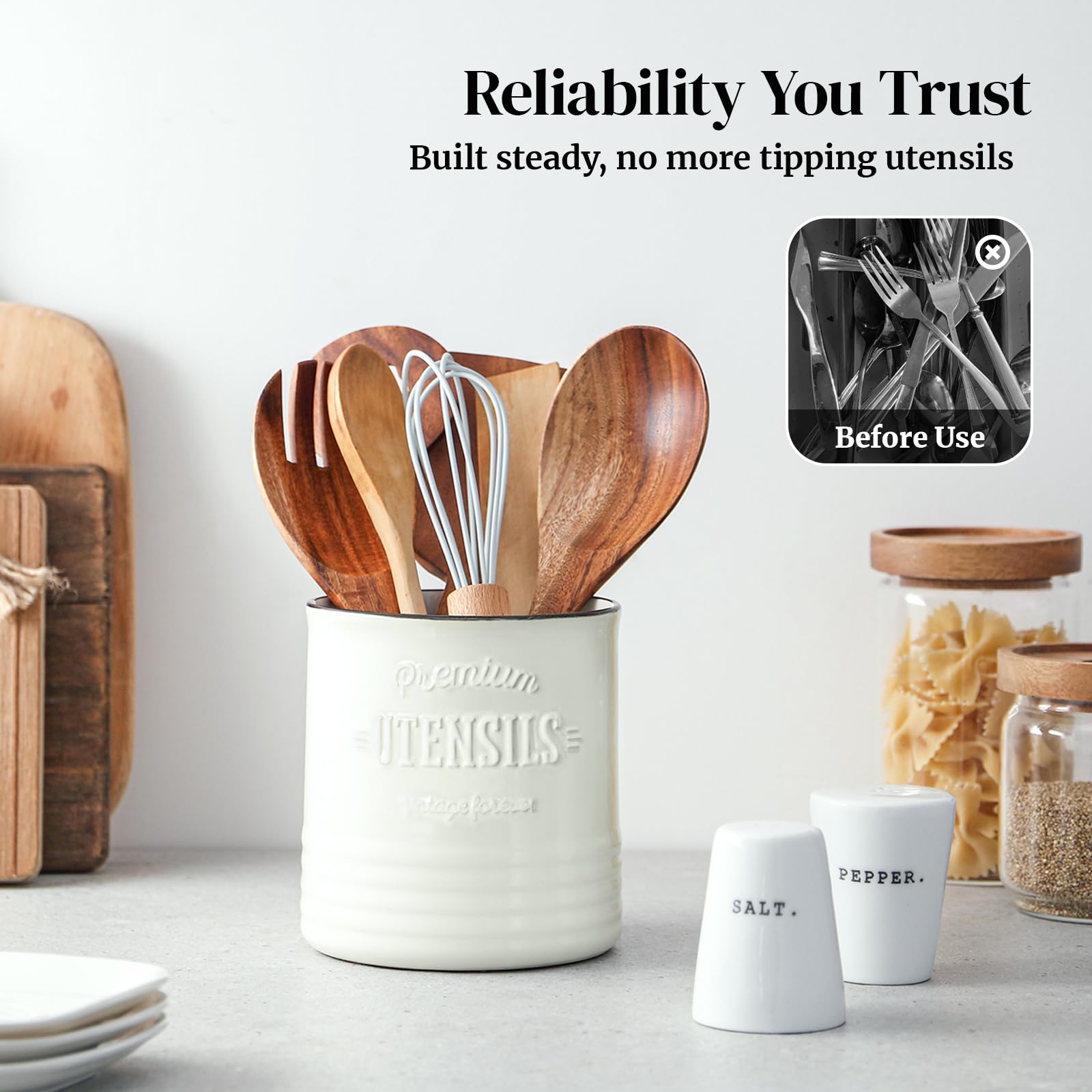 DOWAN Kitchen Utensil Holder, 7.2″ Extra-Large Ceramic Stable Utensil Caddy, Rustic Cooking Utensil Crock for Farmhouse Kitchen Décor with Countertop-Protection Cork Bottom, Counter Utensil Organizer