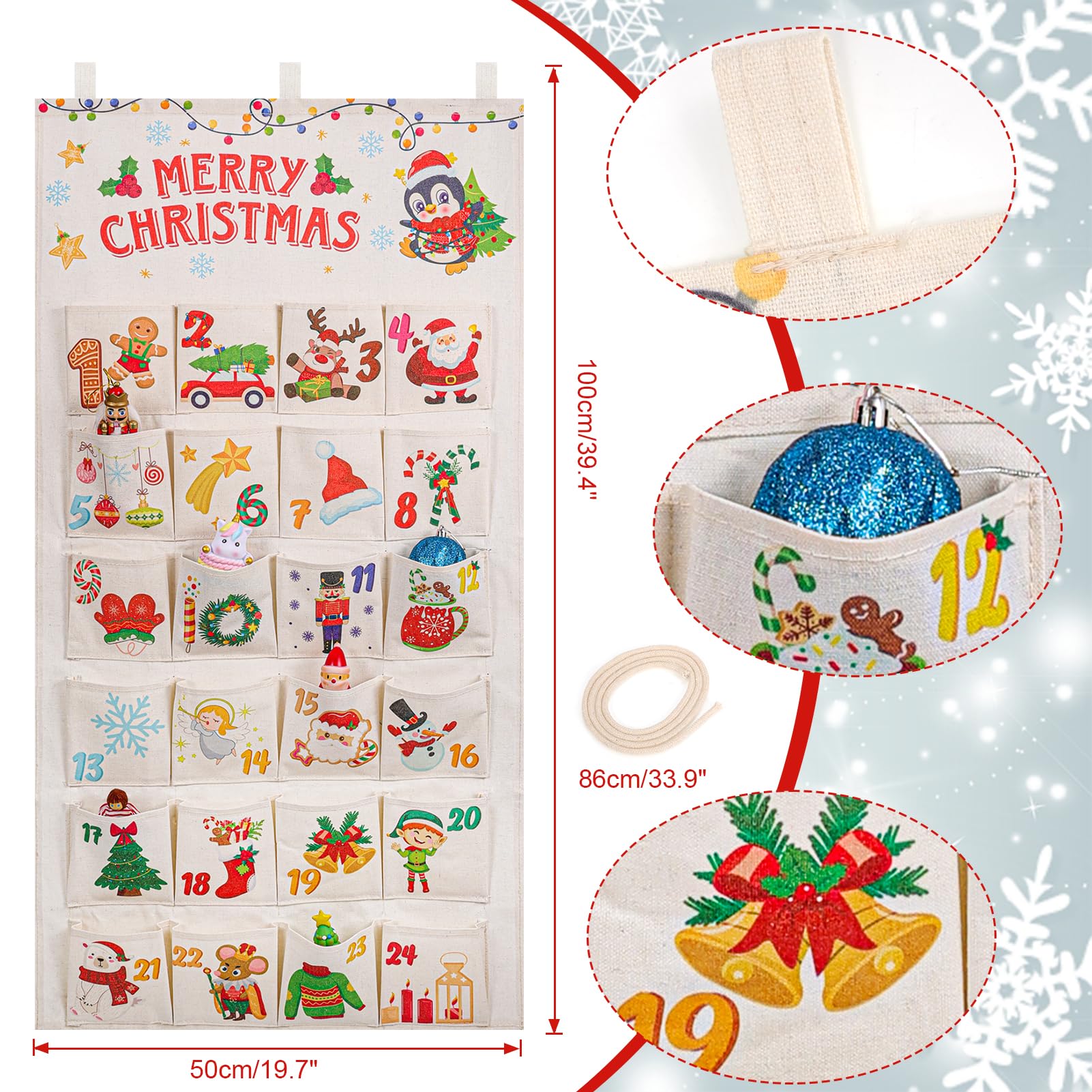 HOWAF Fabric Christmas Advent Calendar (Countdown to Christmas), 24 Days Mystery Christmas Countdown Calendar with 24 Pockets for Xmas Holiday Home Wall Decoration