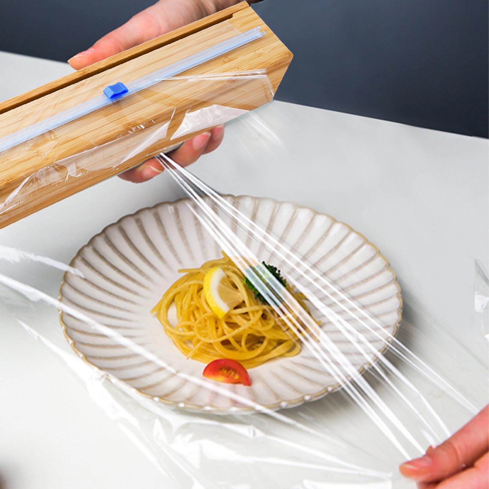 BoxThink Bamboo Wood Plastic Wrap Dispenser with Slide Cutter Also for 12 inch Aluminum foil, Parchment Paper, Cling Wrap Dispenser Sturdy and Reusable (12inch With Slide Cutte)
