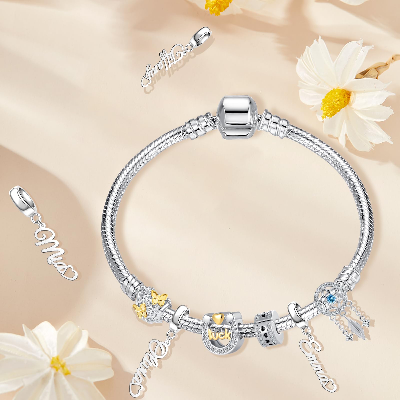 QeenseKc Logan Name Heart Charm Personalized for Pandora European Bracelet Necklace Women Gift