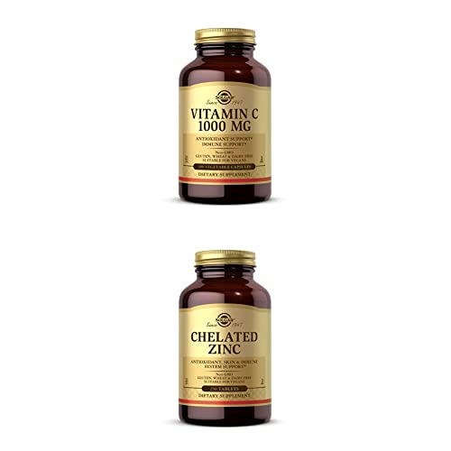 Solgar Vitamin C 1000 mg, 100 Vegetable Capsules - Antioxidant & Immune Support + Solgar Chelated Zinc, 250 Tablets - Zinc for Healthy Skin