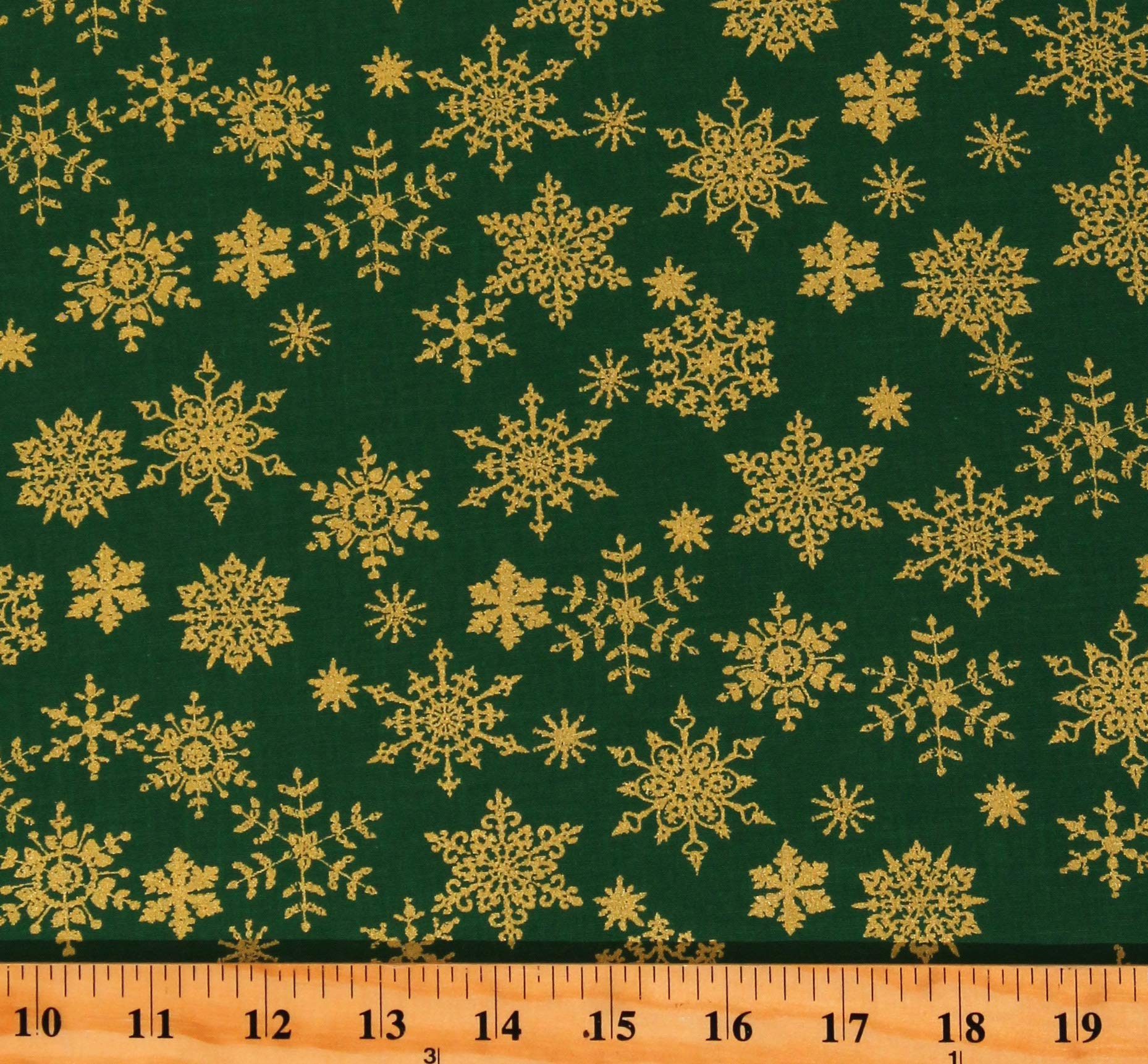 Cotton Holly Jolly Christmas Winter Metallic Gold Snowflakes on Green Cotton Fabric Print by The Yard (D402.61)