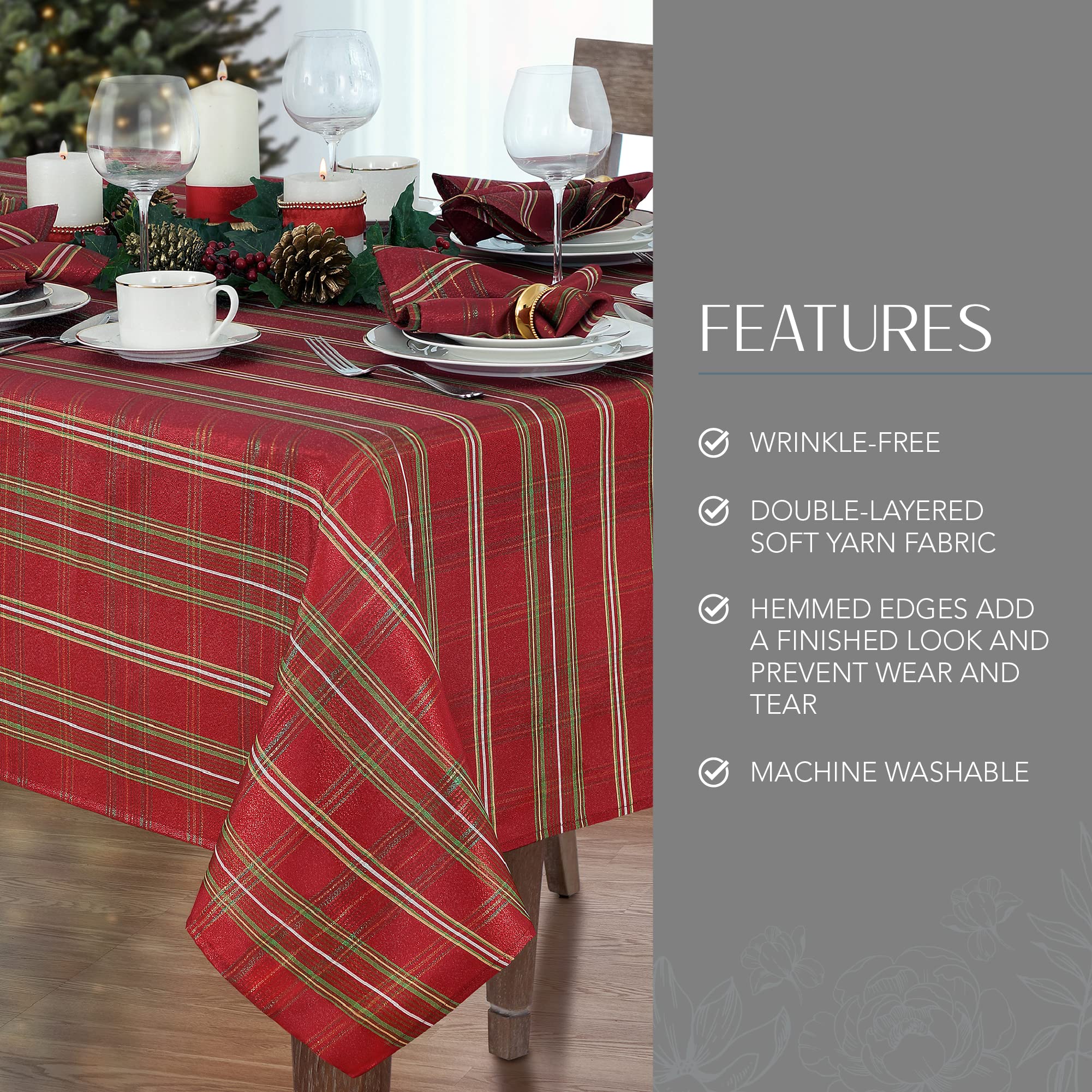 Elrene Home Fashions Shimmering Plaid Holiday Fabric Tablecloth, 52" x 52", Red