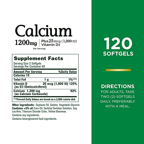 Calcium Carbonate & Vitamin D by Nature's Bounty, Supports Immune Health & Bone Health, 1200mg Calcium & 1000IU Vitamin D3, 120 Softgels
