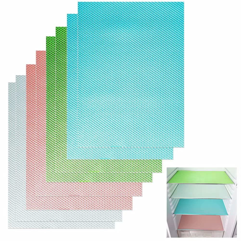 Waterproof Refrigerator Mats Non-Slip Cuttable Refrigerator Liners Washable EVA Fridge Shelf Liners for Drawer Table Closet Cabinet Shelves, 8 Pack, Red/Blue/Pink/Clear