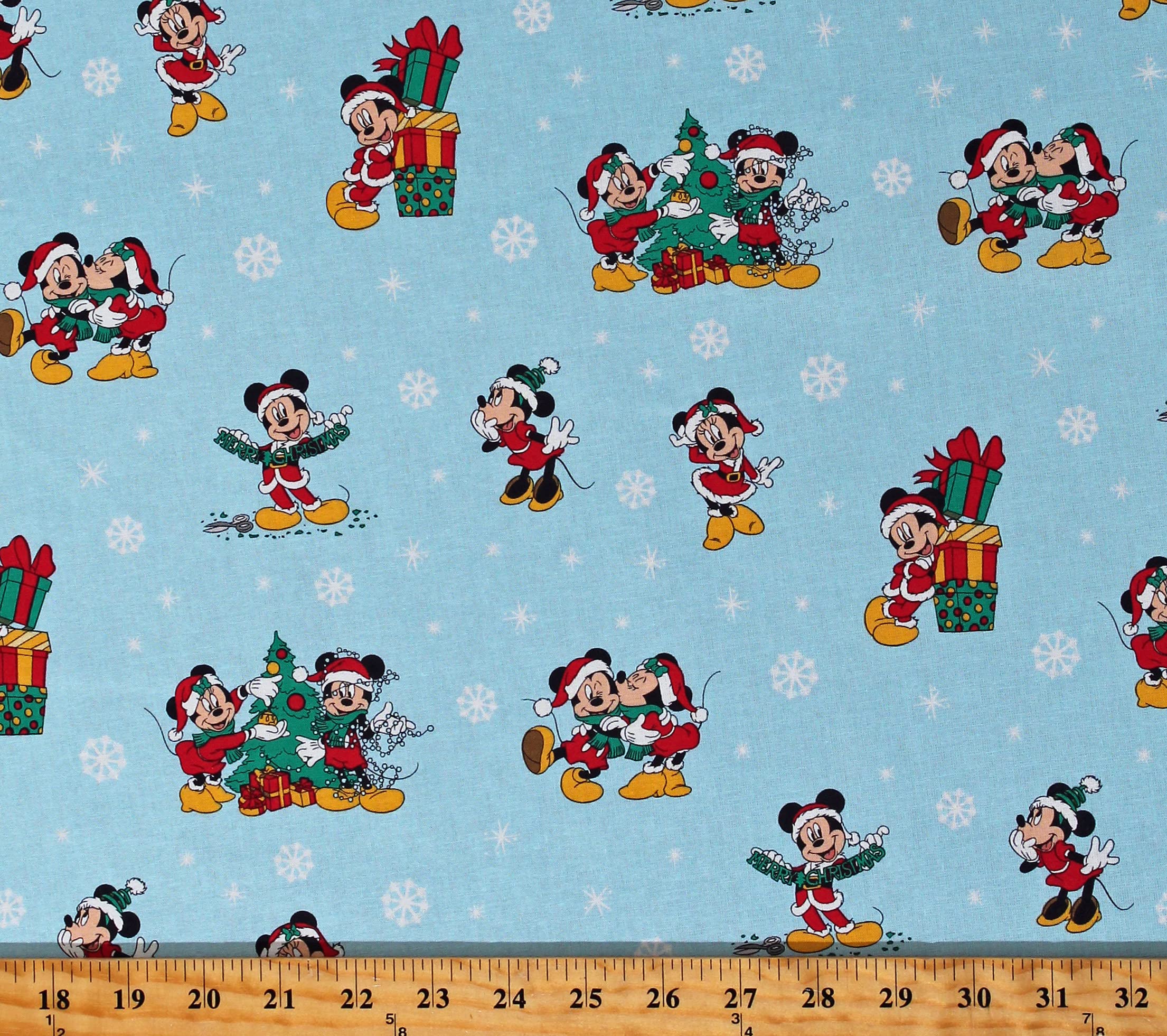 Fields tton Mickey and Minnie Mouse Christmas Tree Mickey and Friends Christmas Kids Blue tton Fabric Print by The Yard (D405.56), 44 Inches