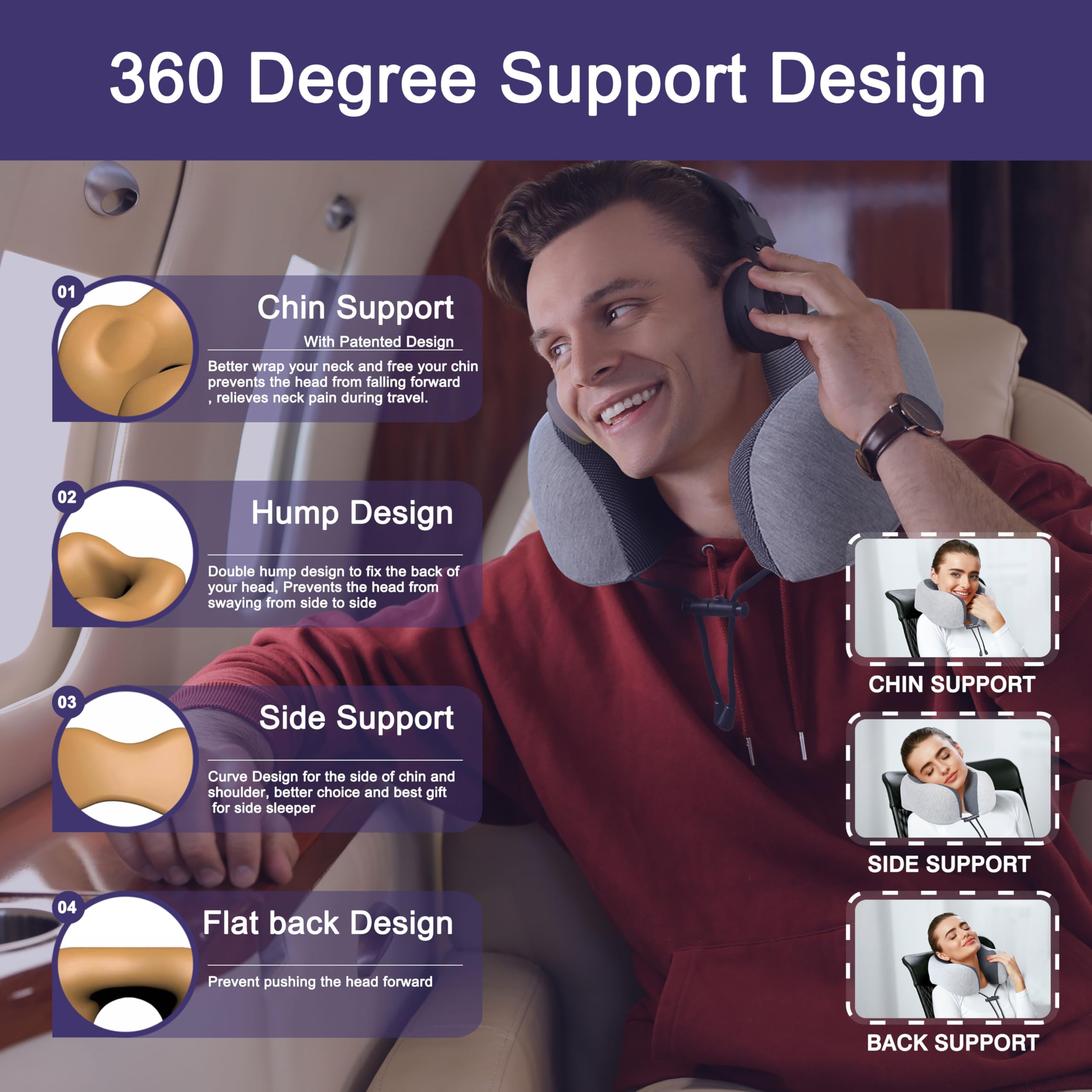 napfun Neck Pillow for Traveling, Upgraded Travel Neck Pillow for Airplane 100% Pure Memory Foam Travel Pillow for Flight Headrest Sleep, Portable Plane Accessories, Light Grey