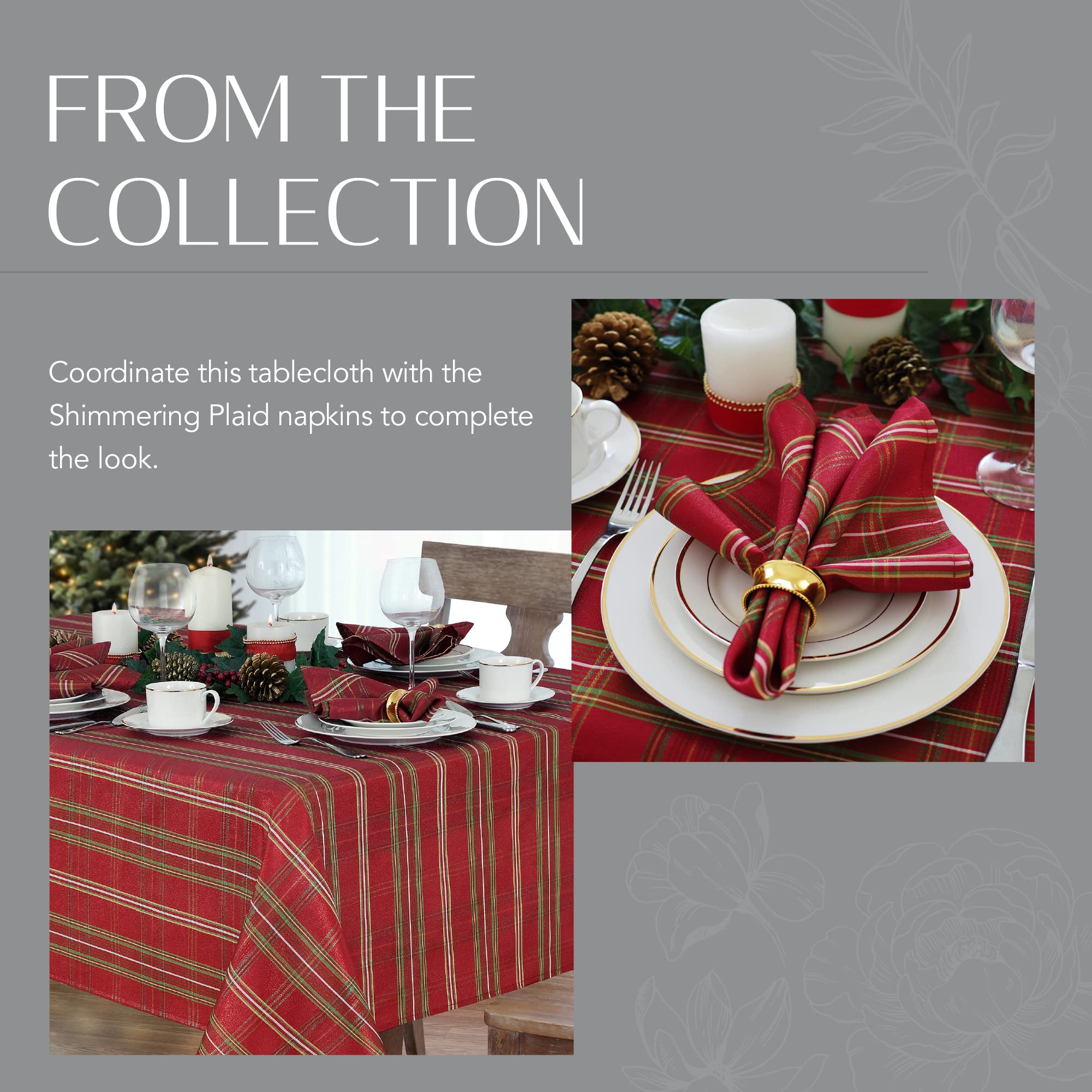 Elrene Home Fashions Shimmering Plaid Holiday Fabric Tablecloth, 52" x 52", Red