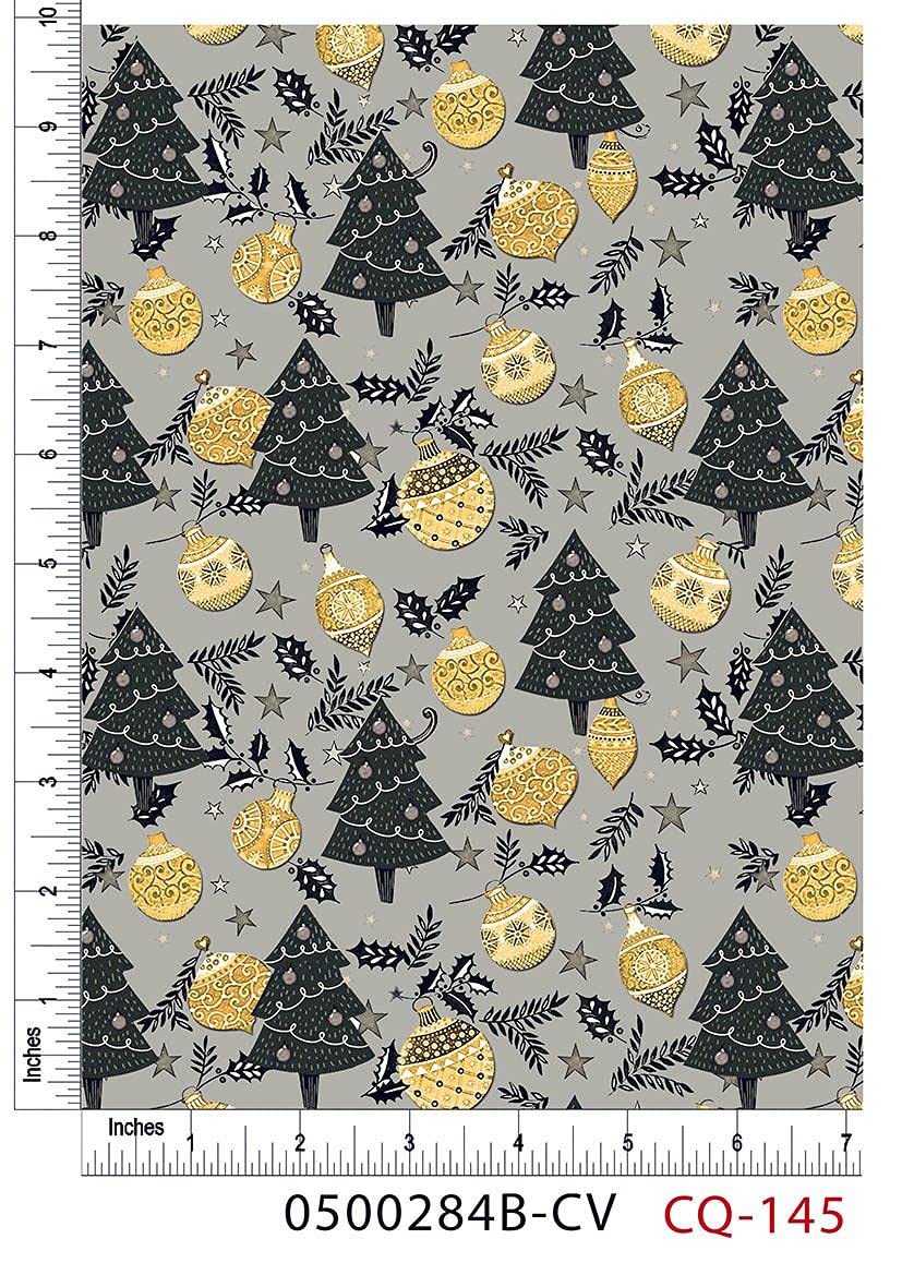 Golden Christmas (Grey) Design 100% Cotton Quilting Fabric by The Yard (Grey, Black, Gold, White)