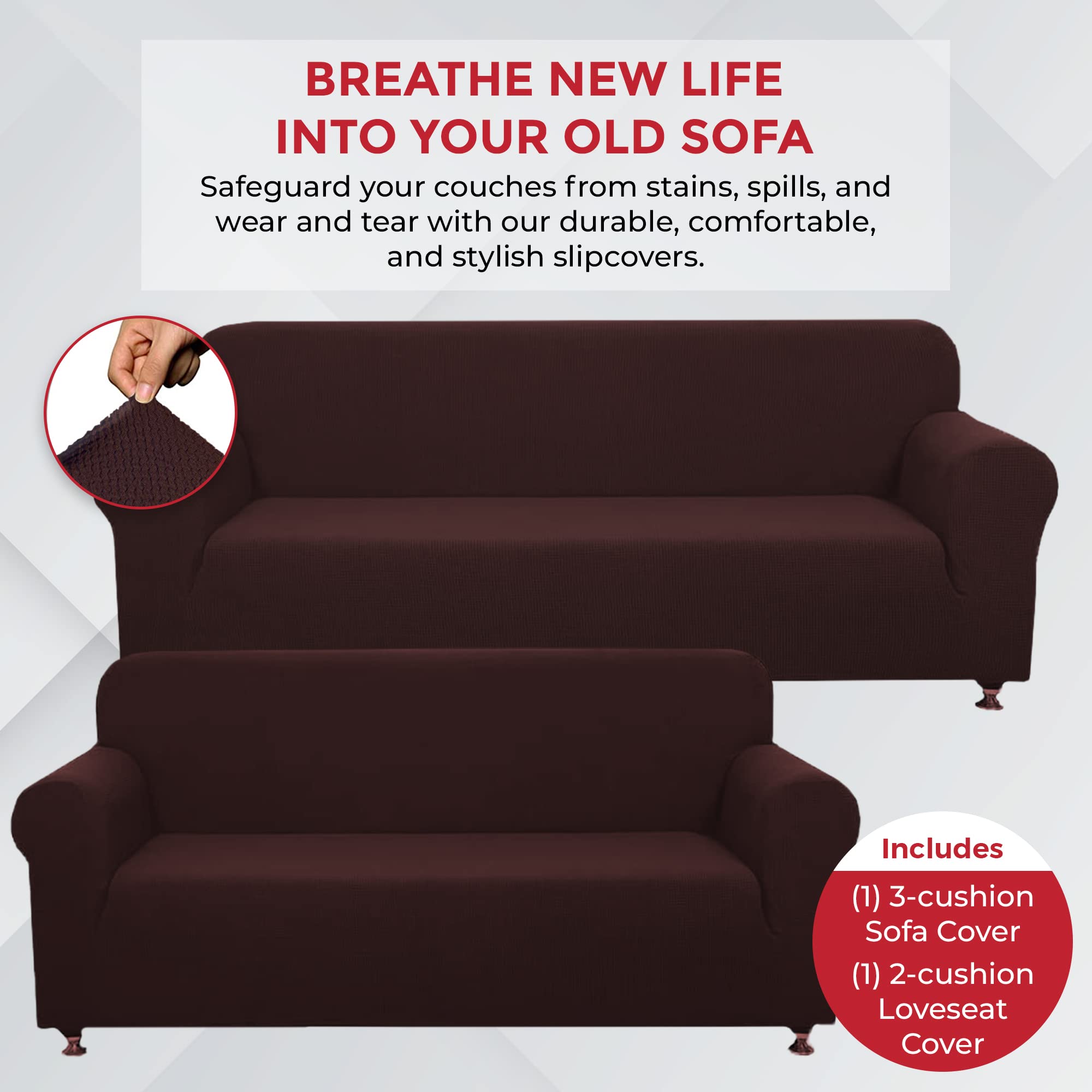 Sapphire Home 2-Piece Sofa and Loveseat Slipcovers, Couch and Loveseat Covers Set, Form fit Stretch, Wrinkle Free, Furniture Protector, Sofa Covers for Living Room, Polyester Spandex (Coffee)