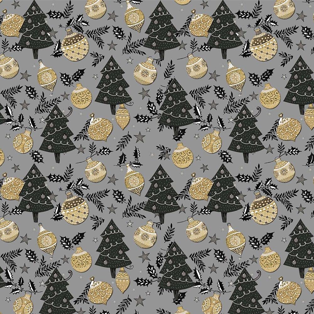 Golden Christmas (Grey) Design 100% Cotton Quilting Fabric by The Yard (Grey, Black, Gold, White)