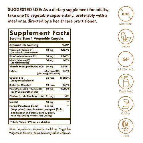 Solgar B-Complex “50”, 100 Vegetable Capsules - Energy Metabolism, Cardiovascular Support, Nervous System Support - Non-GMO, Vegan, Gluten Free, Dairy Free, Kosher, Halal - 100 Servings