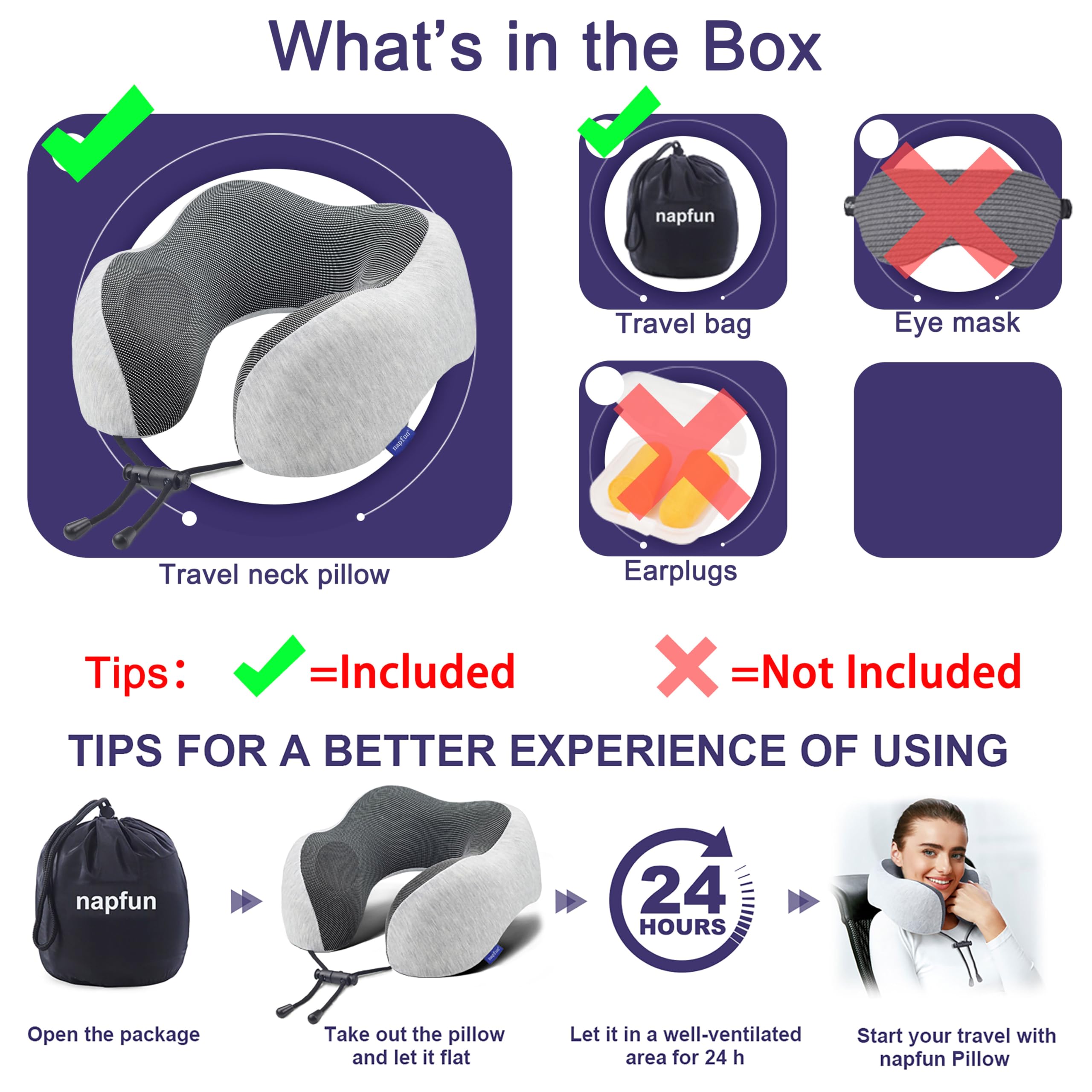 napfun Neck Pillow for Traveling, Upgraded Travel Neck Pillow for Airplane 100% Pure Memory Foam Travel Pillow for Flight Headrest Sleep, Portable Plane Accessories, Light Grey