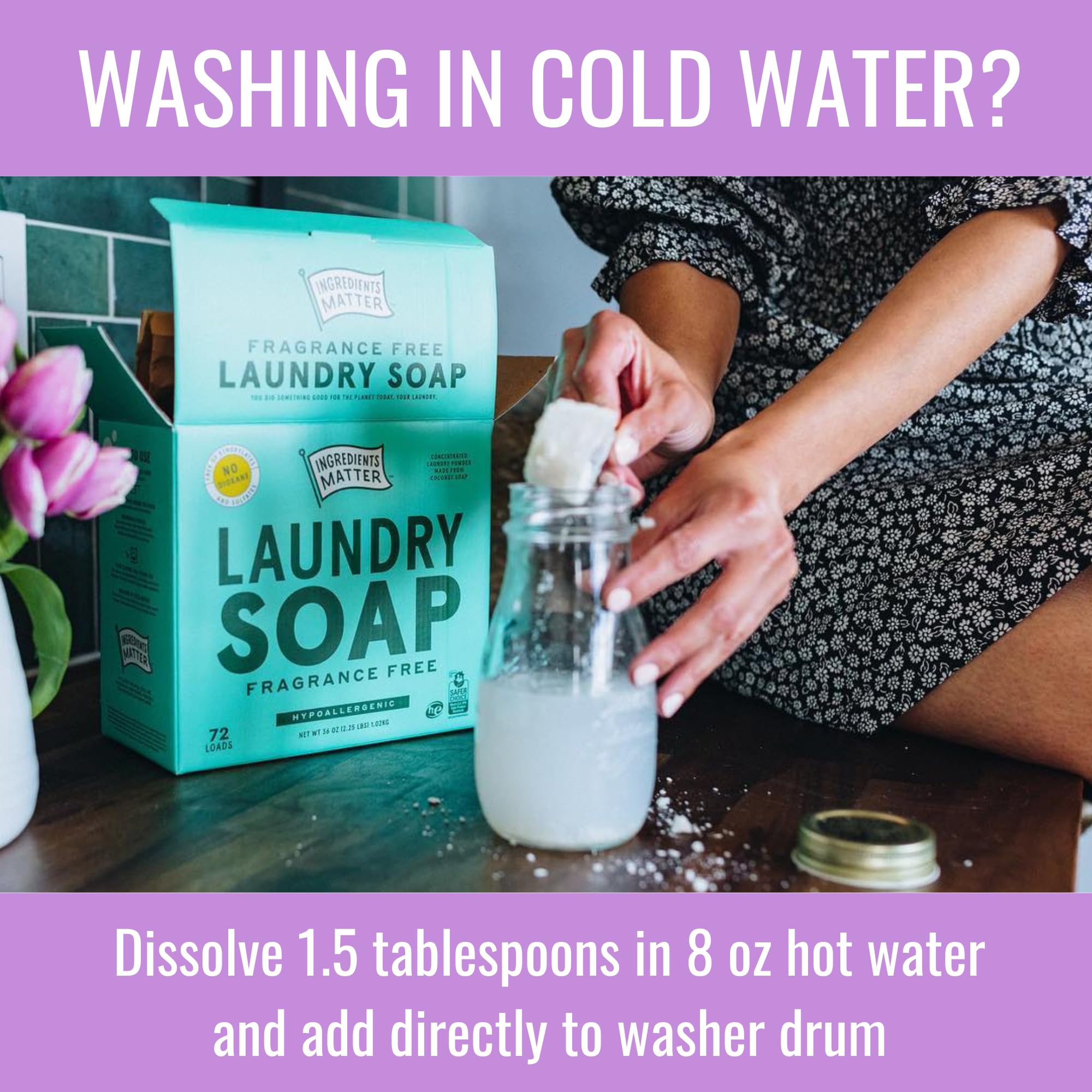 Ingredients Matter Powder Laundry Soap - Fragrance Free, Hypoallergenic Detergent, Natural & Eco-Friendly, Plastic Free, Made in USA, Natural Essential Oils & Dermatologist Tested - 36 oz, 72 Loads