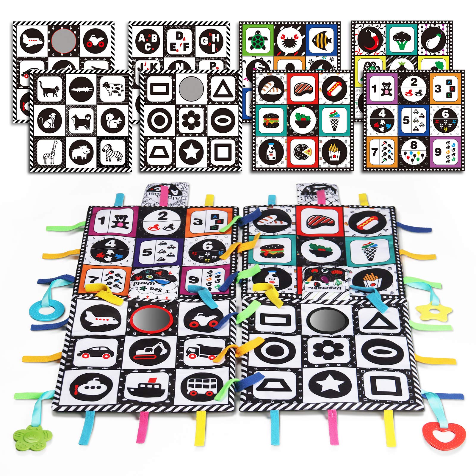 teytoy Tummy Time Floor Mirror, Double High Contrast Play and Pat Activity Mat Black and White Baby Crinkle Toys with Teether, Great Gift for Infants Boys and Girls -Pack of 4