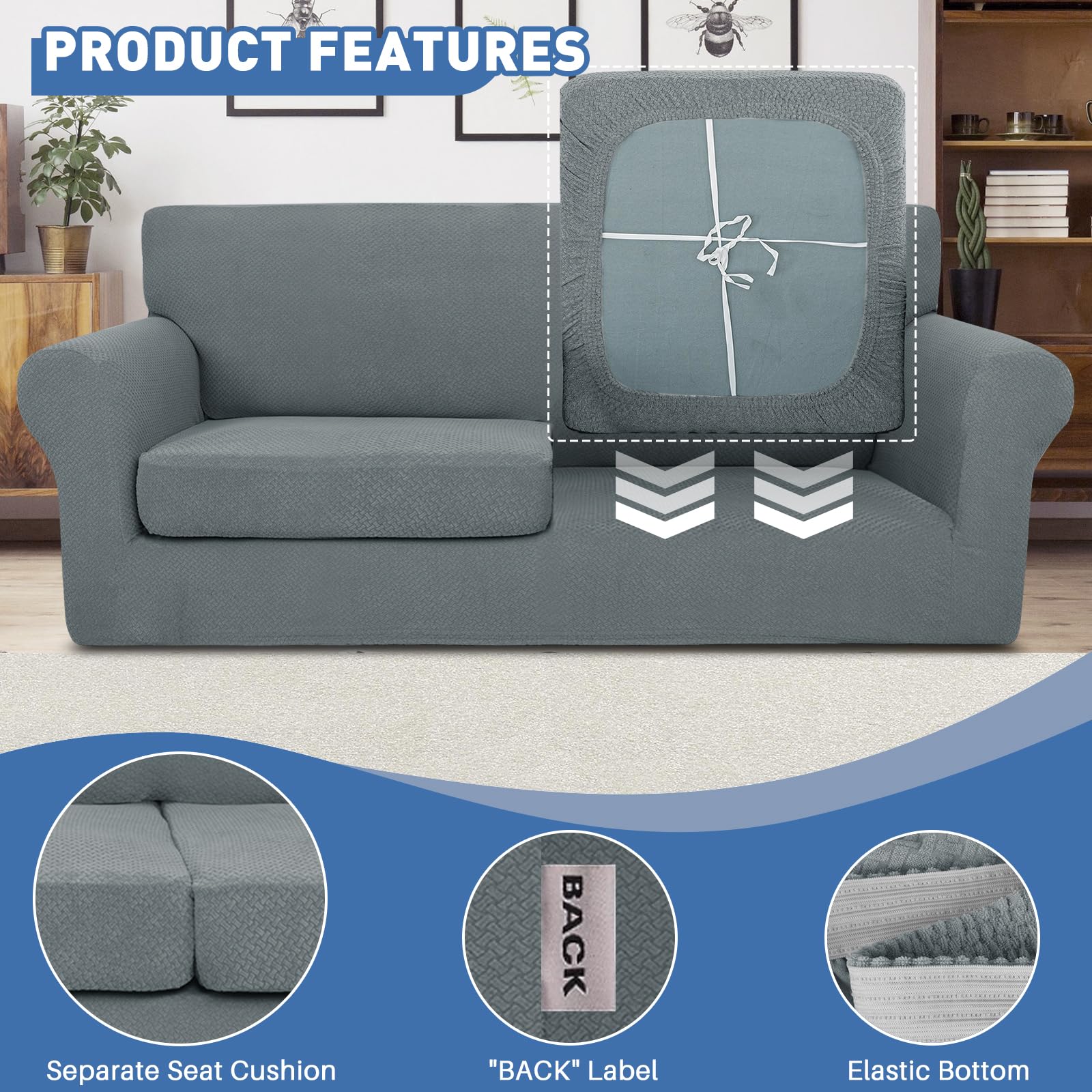 JIVINER 3 Pieces Couch Covers for 2 Cushion Couch Stretch Sofa Slipcover with 2 Extra Large Seat Cushion Covers Thick Fitted Loveseat Sofa Covers for Living Room (XL Loveseat, Light Gray)