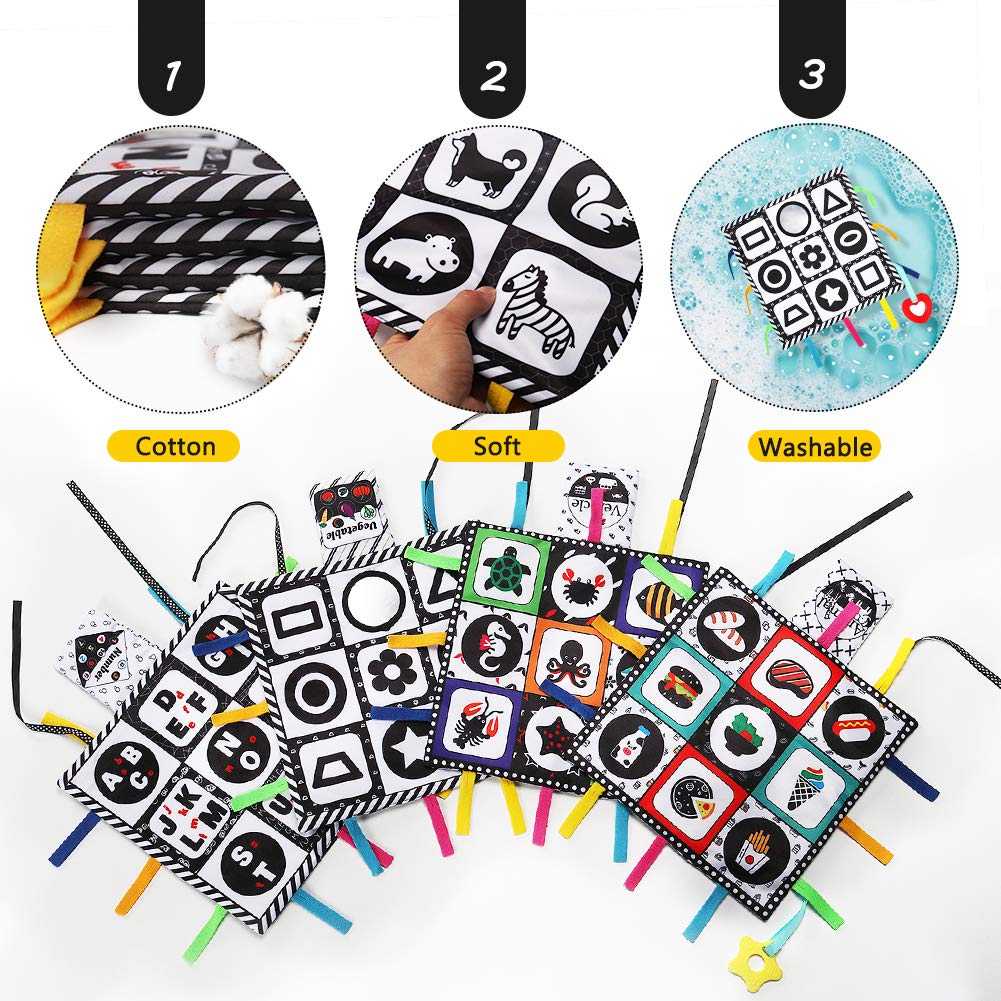 teytoy Tummy Time Floor Mirror, Double High Contrast Play and Pat Activity Mat Black and White Baby Crinkle Toys with Teether, Great Gift for Infants Boys and Girls -Pack of 4