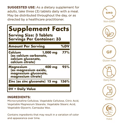 Solgar Calcium Magnesium Plus Zinc - 250 Tablets, Pack of 3 - Promotes Healthy Bones, Supports Nerve & Muscle Function - Non-GMO, Vegan, Gluten Free - 250 Total Servings